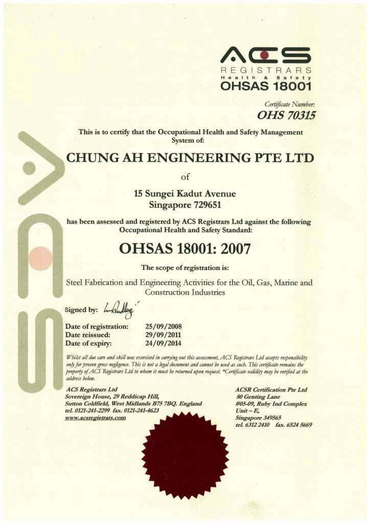 Certification – Chung Ah Engineering Pte Ltd